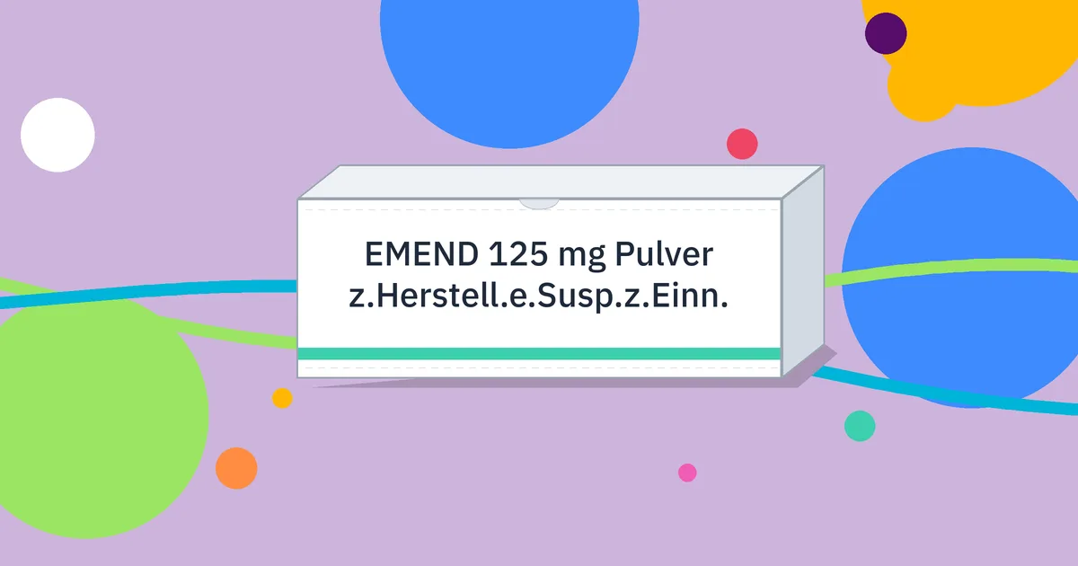 Symbolbild: Packung mit der Aufschrift EMEND 125 mg Pulver z.Herstell.e.Susp.z.Einn. (PZN 11331875) – Verfügbarkeit und Bezug in Apotheken in Frankfurt am Main