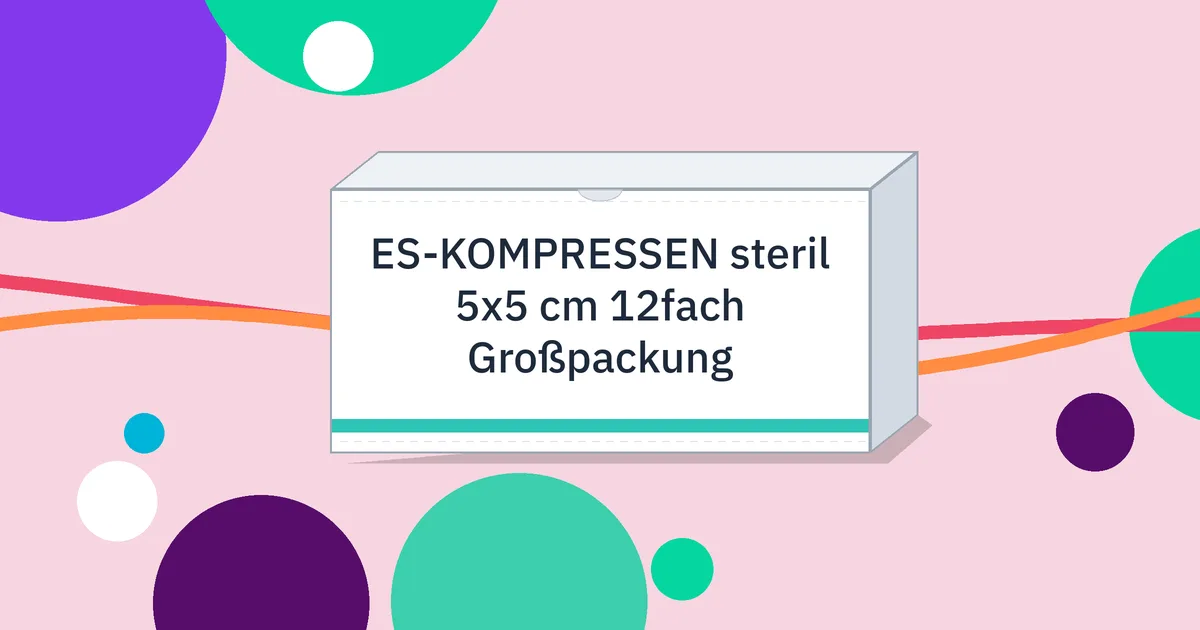 Symbolbild: Packung mit der Aufschrift ES-KOMPRESSEN steril 5x5 cm 12fach Großpackung (PZN 06453872) – Verfügbarkeit und Bezug in Apotheken in Frankfurt am Main