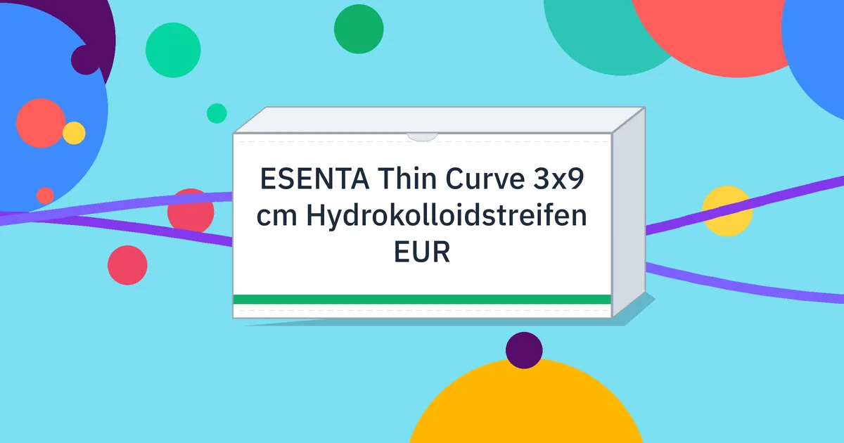 Symbolbild: Packung mit der Aufschrift ESENTA Thin Curve 3x9 cm Hydrokolloidstreifen EUR (PZN 18841361) – Verfügbarkeit und Bezug in Apotheken in Frankfurt am Main