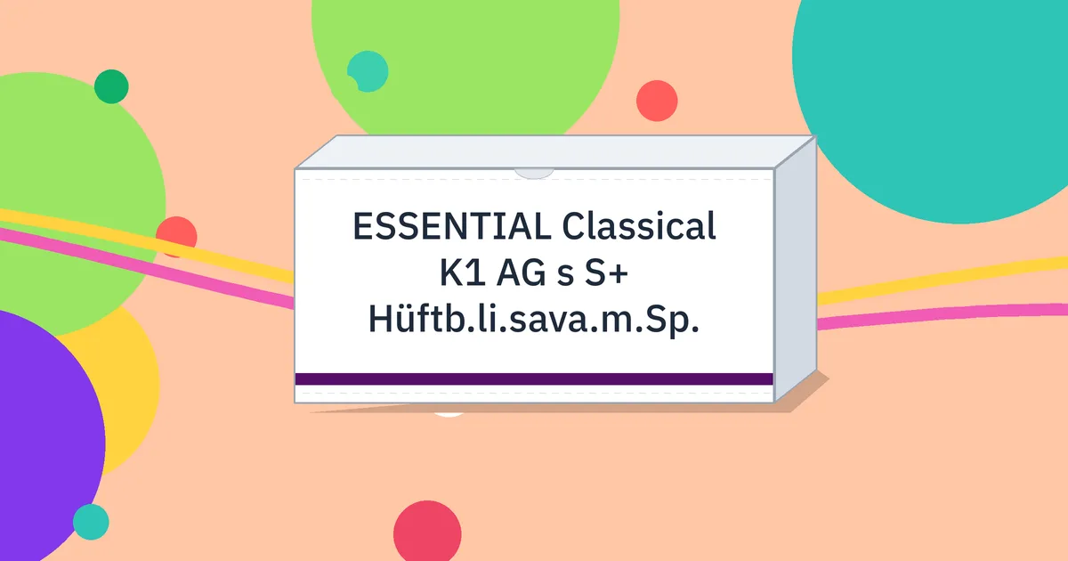 Symbolbild: Packung mit der Aufschrift ESSENTIAL Classical K1 AG s S+ Hüftb.li.sava.m.Sp. (PZN 17012740) – Verfügbarkeit und Bezug in Apotheken in Frankfurt am Main