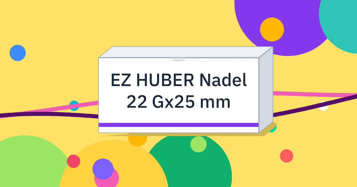 Symbolbild: Packung mit der Aufschrift EZ HUBER Nadel 22 Gx25 mm (PZN 05036793) – Verfügbarkeit und Bezug in Apotheken in Frankfurt am Main