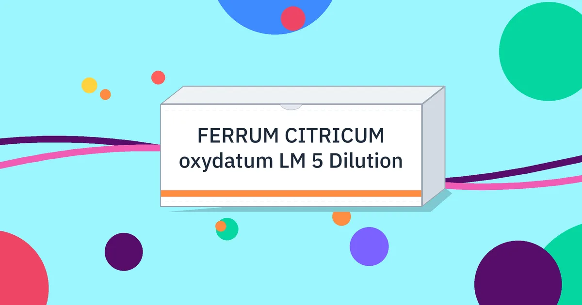 Symbolbild: Packung mit der Aufschrift FERRUM CITRICUM oxydatum LM 5 Dilution (PZN 12848333) – Verfügbarkeit und Bezug in Apotheken in Frankfurt am Main