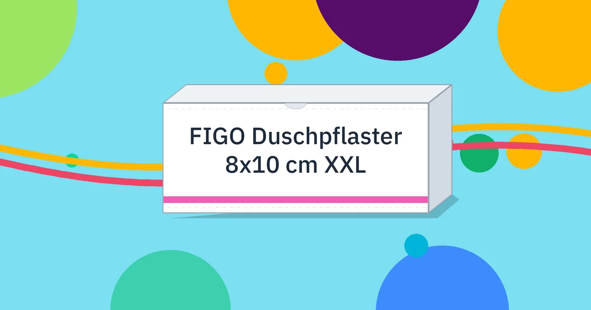 Symbolbild: Packung mit der Aufschrift FIGO Duschpflaster 8x10 cm XXL (PZN 19435083) – Verfügbarkeit und Bezug in Apotheken in Frankfurt am Main