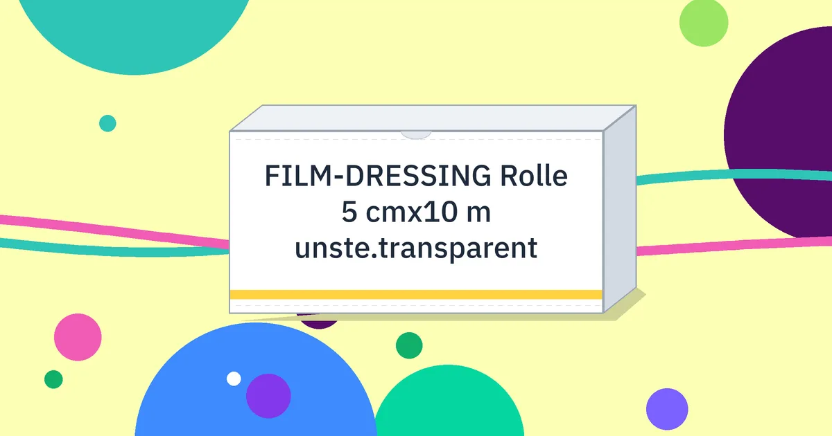 Symbolbild: Packung mit der Aufschrift FILM-DRESSING Rolle 5 cmx10 m unste.transparent (PZN 19508876) – Verfügbarkeit und Bezug in Apotheken in Frankfurt am Main