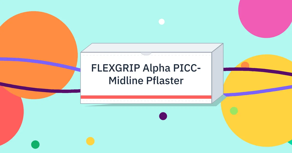 Symbolbild: Packung mit der Aufschrift FLEXGRIP Alpha PICC-Midline Pflaster (PZN 19922050) – Verfügbarkeit und Bezug in Apotheken in Frankfurt am Main