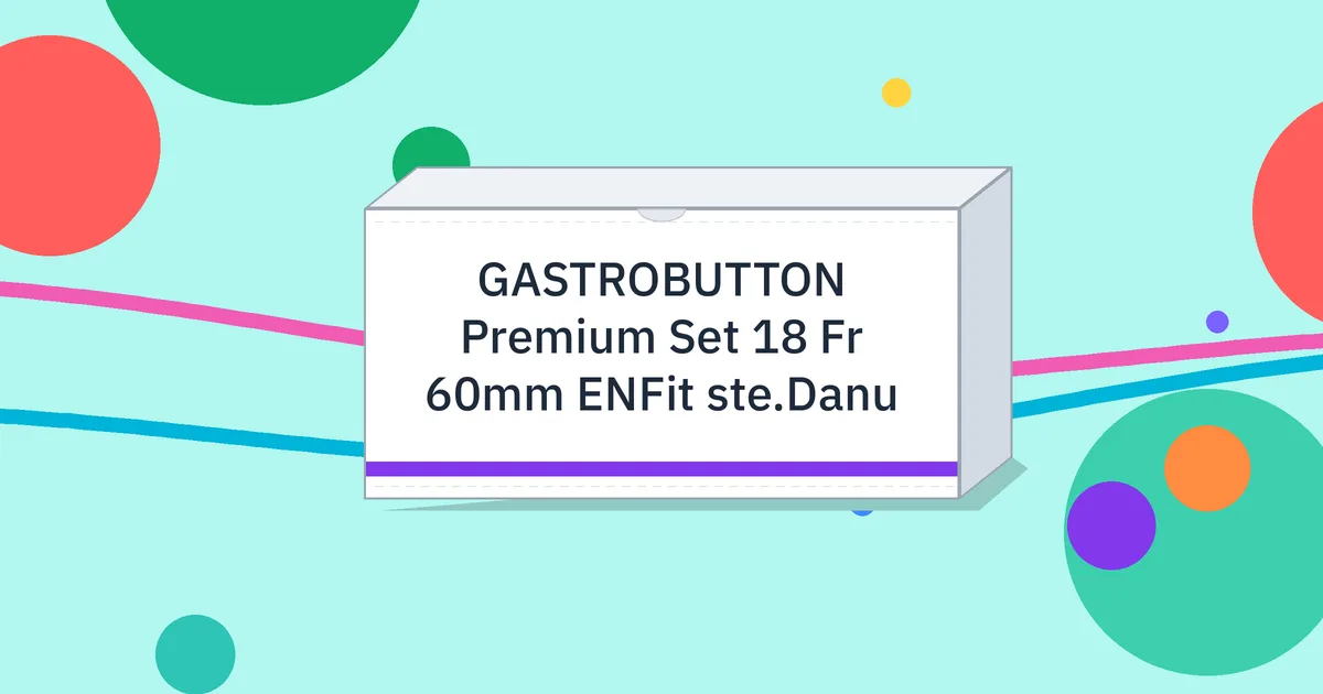 Symbolbild: Packung mit der Aufschrift GASTROBUTTON Premium Set 18 Fr 60mm ENFit ste.Danu (PZN 19077005) – Verfügbarkeit und Bezug in Apotheken in Frankfurt am Main