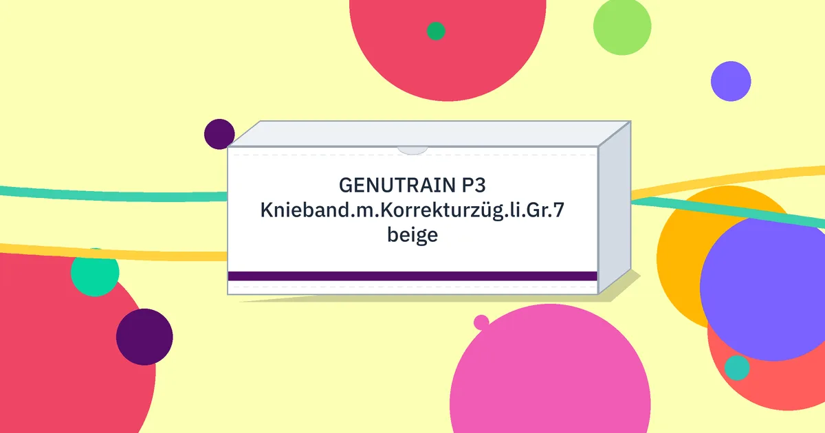 Symbolbild: Packung mit der Aufschrift GENUTRAIN P3 Knieband.m.Korrekturzüg.li.Gr.7 beige (PZN 20186389) – Verfügbarkeit und Bezug in Apotheken in Frankfurt am Main