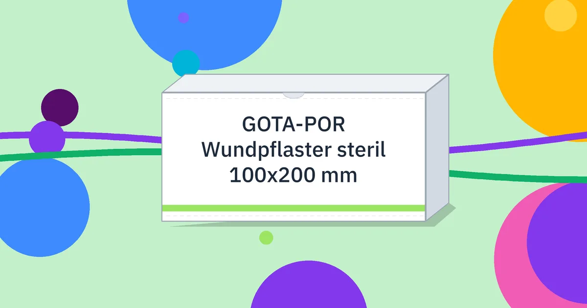 Symbolbild: Packung mit der Aufschrift GOTA-POR Wundpflaster steril 100x200 mm (PZN 04473669) – Verfügbarkeit und Bezug in Apotheken in Frankfurt am Main