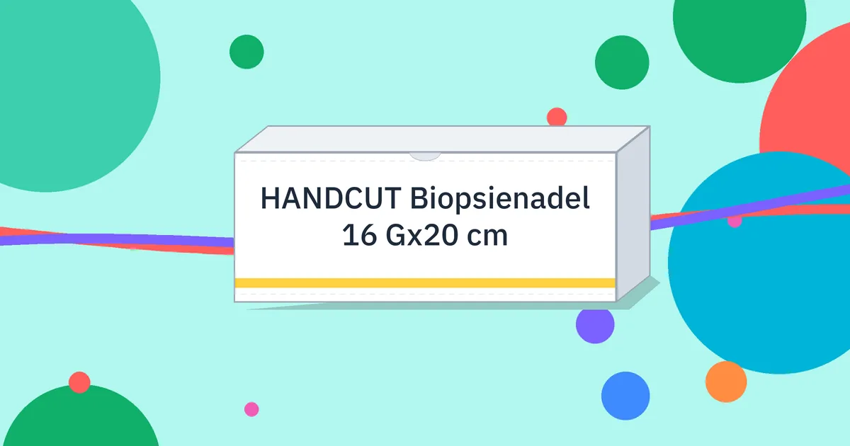 Symbolbild: Packung mit der Aufschrift HANDCUT Biopsienadel 16 Gx20 cm (PZN 16921647) – Verfügbarkeit und Bezug in Apotheken in Frankfurt am Main