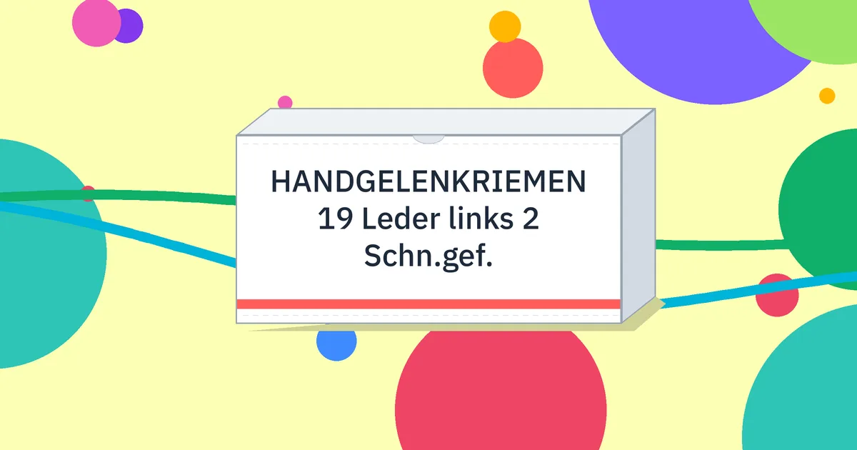 Symbolbild: Packung mit der Aufschrift HANDGELENKRIEMEN 19 Leder links 2 Schn.gef. (PZN 03230396) – Verfügbarkeit und Bezug in Apotheken in Frankfurt am Main