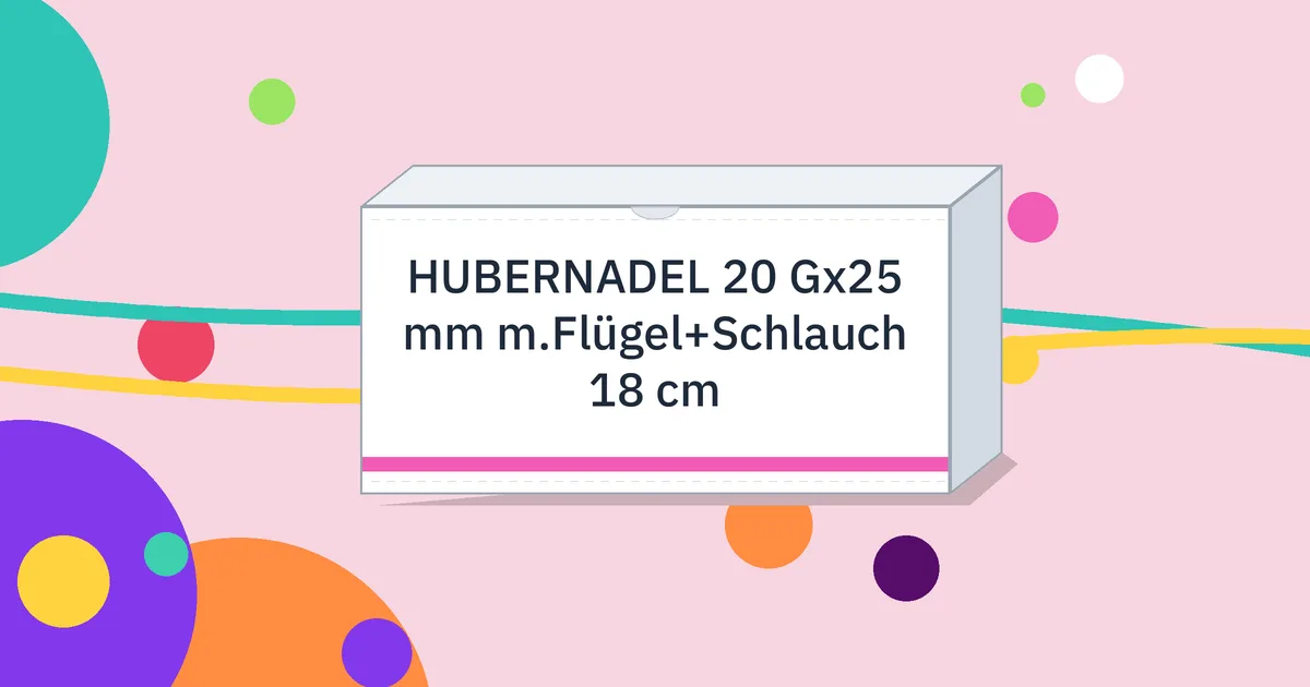 Symbolbild: Packung mit der Aufschrift HUBERNADEL 20 Gx25 mm m.Flügel+Schlauch 18 cm (PZN 02350224) – Verfügbarkeit und Bezug in Apotheken in Frankfurt am Main