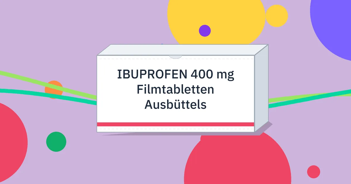 Symbolbild: Packung mit der Aufschrift IBUPROFEN 400 mg Filmtabletten Ausbüttels (PZN 16762580) – Verfügbarkeit und Bezug in Apotheken in Frankfurt am Main
