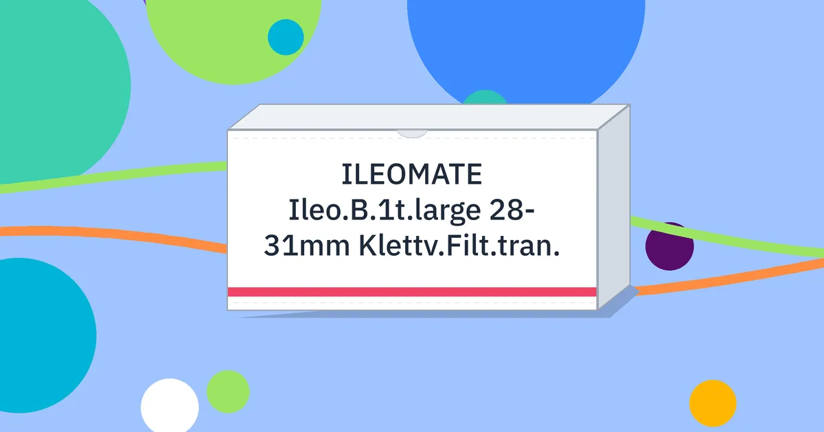 Symbolbild: Packung mit der Aufschrift ILEOMATE Ileo.B.1t.large 28-31mm Klettv.Filt.tran. (PZN 09175528) – Verfügbarkeit und Bezug in Apotheken in Frankfurt am Main