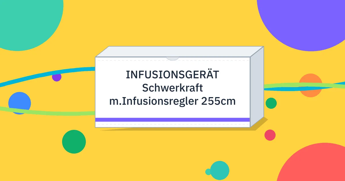 Symbolbild: Packung mit der Aufschrift INFUSIONSGERÄT Schwerkraft m.Infusionsregler 255cm (PZN 20361289) – Verfügbarkeit und Bezug in Apotheken in Frankfurt am Main