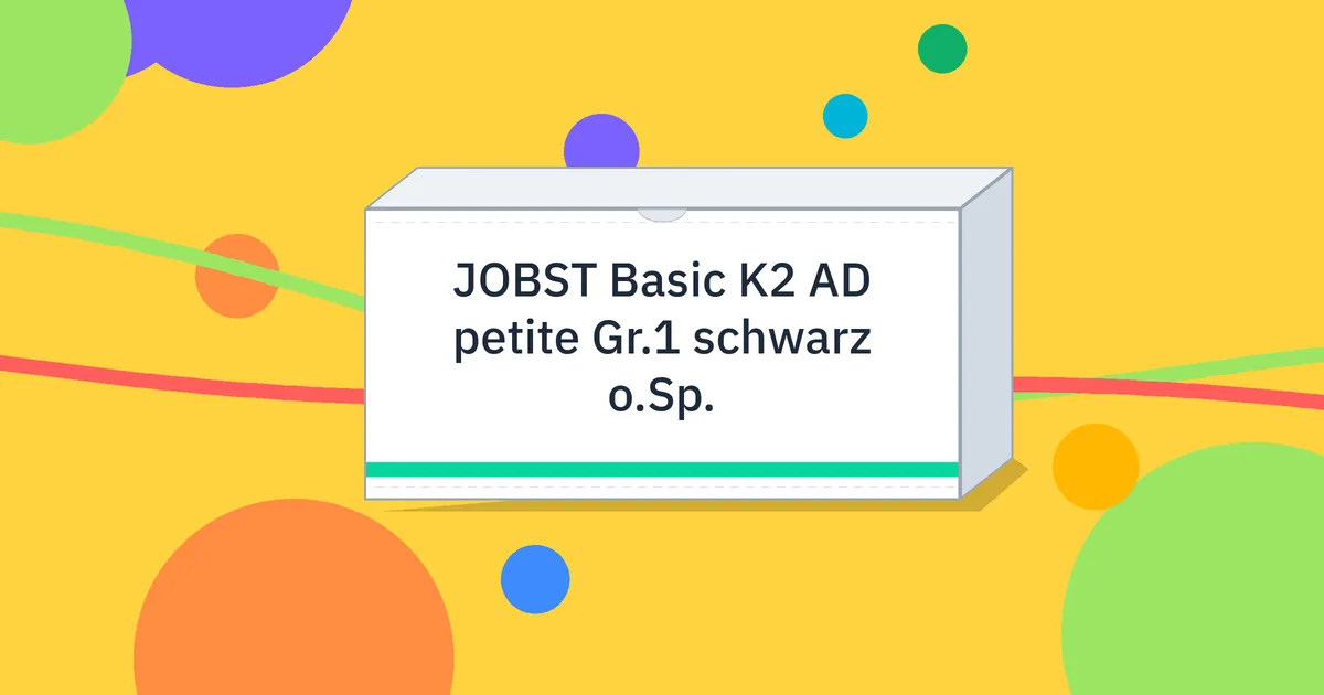Symbolbild: Packung mit der Aufschrift JOBST Basic K2 AD petite Gr.1 schwarz o.Sp. (PZN 15310953) – Verfügbarkeit und Bezug in Apotheken in Frankfurt am Main