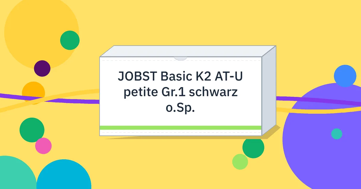 Symbolbild: Packung mit der Aufschrift JOBST Basic K2 AT-U petite Gr.1 schwarz o.Sp. (PZN 15312047) – Verfügbarkeit und Bezug in Apotheken in Frankfurt am Main