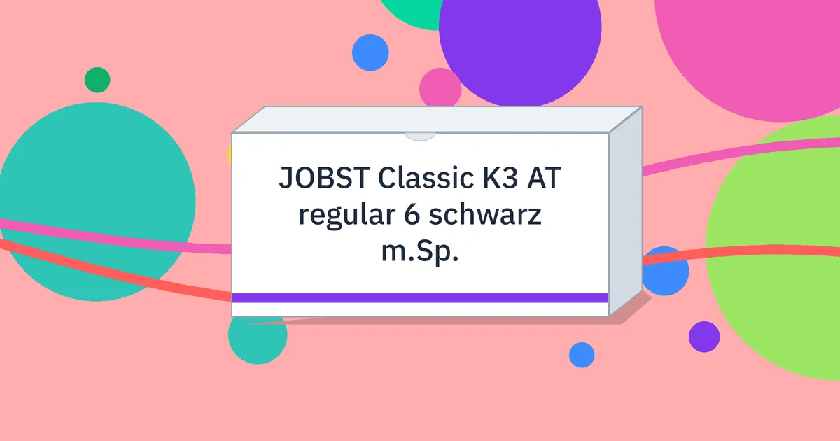 Symbolbild: Packung mit der Aufschrift JOBST Classic K3 AT regular 6 schwarz m.Sp. (PZN 13078179) – Verfügbarkeit und Bezug in Apotheken in Frankfurt am Main