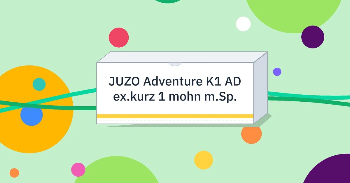 Symbolbild: Packung mit der Aufschrift JUZO Adventure K1 AD ex.kurz 1 mohn m.Sp. (PZN 14977230) – Verfügbarkeit und Bezug in Apotheken in Frankfurt am Main