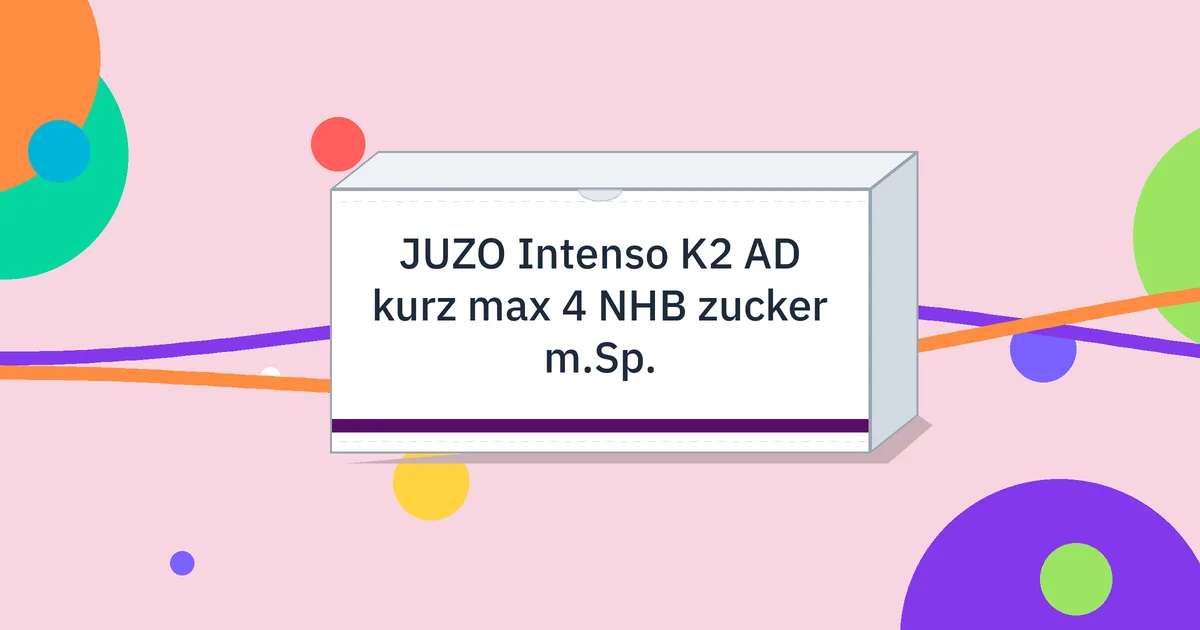 Symbolbild: Packung mit der Aufschrift JUZO Intenso K2 AD kurz max 4 NHB zucker m.Sp. (PZN 18611951) – Verfügbarkeit und Bezug in Apotheken in Frankfurt am Main