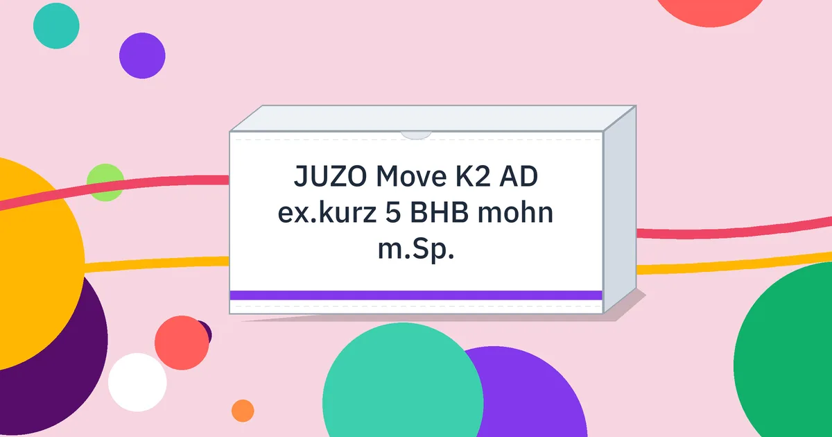 Symbolbild: Packung mit der Aufschrift JUZO Move K2 AD ex.kurz 5 BHB mohn m.Sp. (PZN 18542049) – Verfügbarkeit und Bezug in Apotheken in Frankfurt am Main