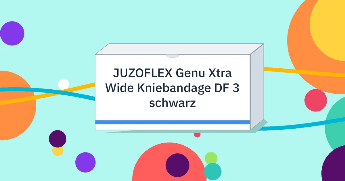 Symbolbild: Packung mit der Aufschrift JUZOFLEX Genu Xtra Wide Kniebandage DF 3 schwarz (PZN 16497706) – Verfügbarkeit und Bezug in Apotheken in Frankfurt am Main