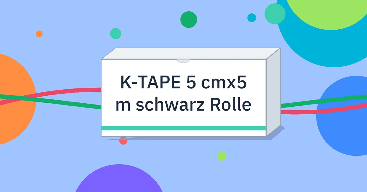 Symbolbild: Packung mit der Aufschrift K-TAPE 5 cmx5 m schwarz Rolle (PZN 17455199) – Verfügbarkeit und Bezug in Apotheken in Frankfurt am Main