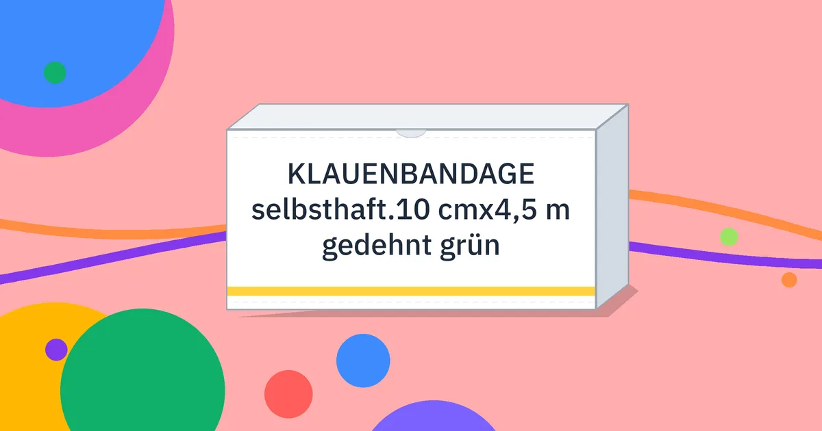Symbolbild: Packung mit der Aufschrift KLAUENBANDAGE selbsthaft.10 cmx4,5 m gedehnt grün (PZN 15658314) – Verfügbarkeit und Bezug in Apotheken in Frankfurt am Main
