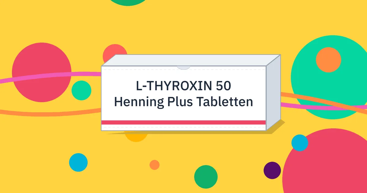 Symbolbild: Packung mit der Aufschrift L-THYROXIN 50 Henning Plus Tabletten (PZN 03343752) – Verfügbarkeit und Bezug in Apotheken in Frankfurt am Main