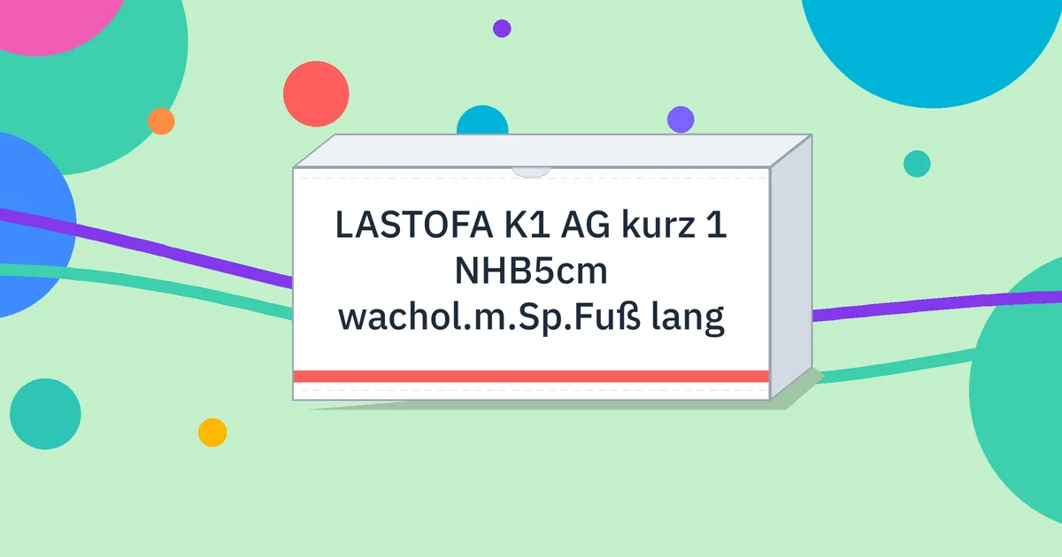 Symbolbild: Packung mit der Aufschrift LASTOFA K1 AG kurz 1 NHB5cm wachol.m.Sp.Fuß lang (PZN 13788981) – Verfügbarkeit und Bezug in Apotheken in Frankfurt am Main