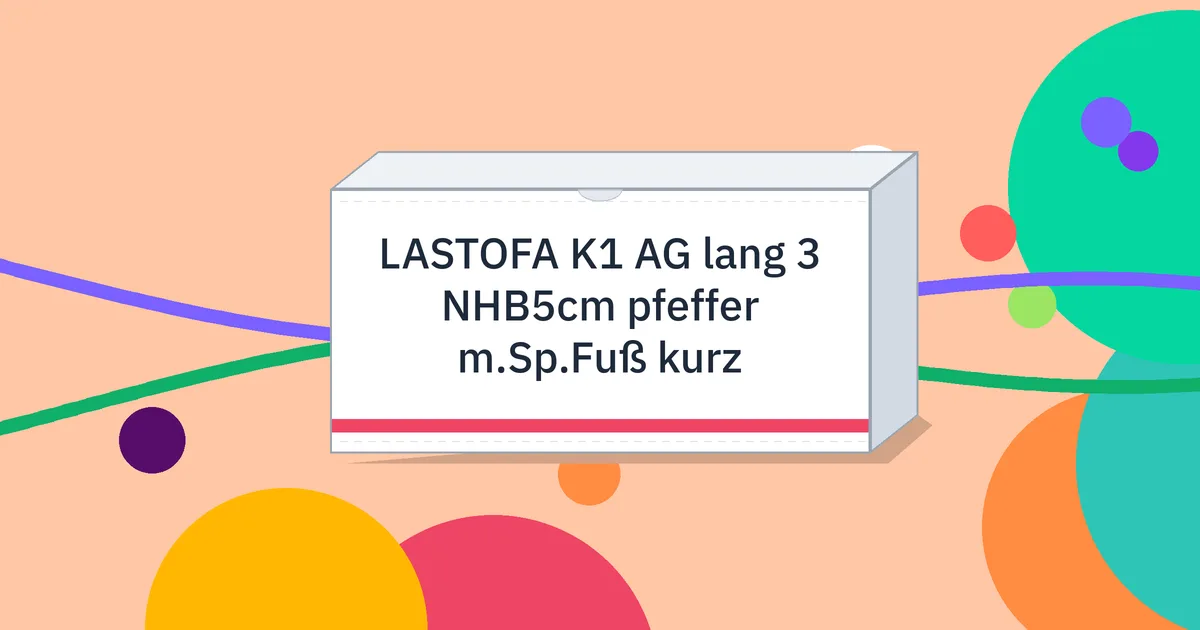Symbolbild: Packung mit der Aufschrift LASTOFA K1 AG lang 3 NHB5cm pfeffer m.Sp.Fuß kurz (PZN 13791440) – Verfügbarkeit und Bezug in Apotheken in Frankfurt am Main