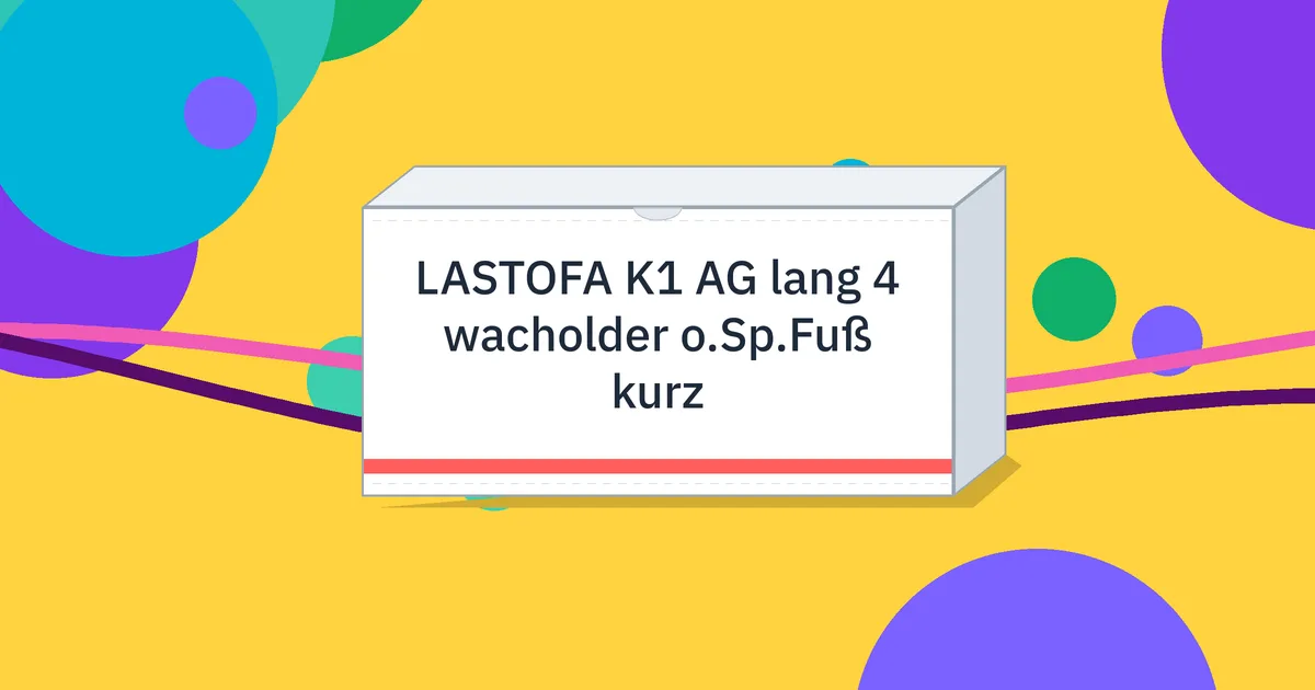 Symbolbild: Packung mit der Aufschrift LASTOFA K1 AG lang 4 wacholder o.Sp.Fuß kurz (PZN 13792178) – Verfügbarkeit und Bezug in Apotheken in Frankfurt am Main