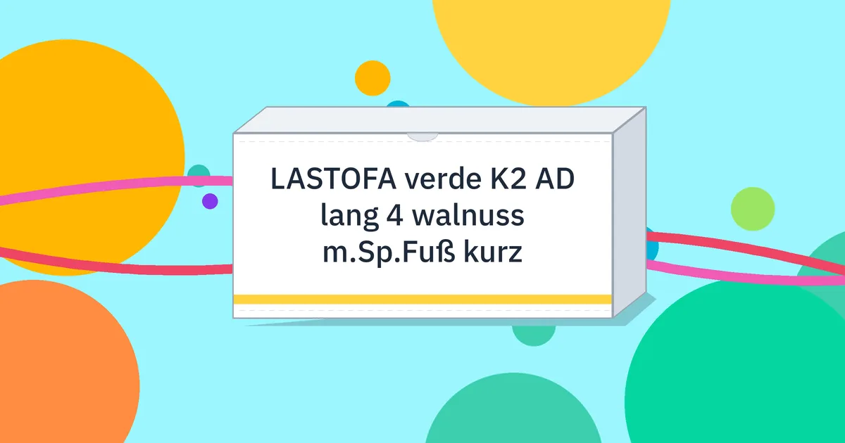 Symbolbild: Packung mit der Aufschrift LASTOFA verde K2 AD lang 4 walnuss m.Sp.Fuß kurz (PZN 16721782) – Verfügbarkeit und Bezug in Apotheken in Frankfurt am Main