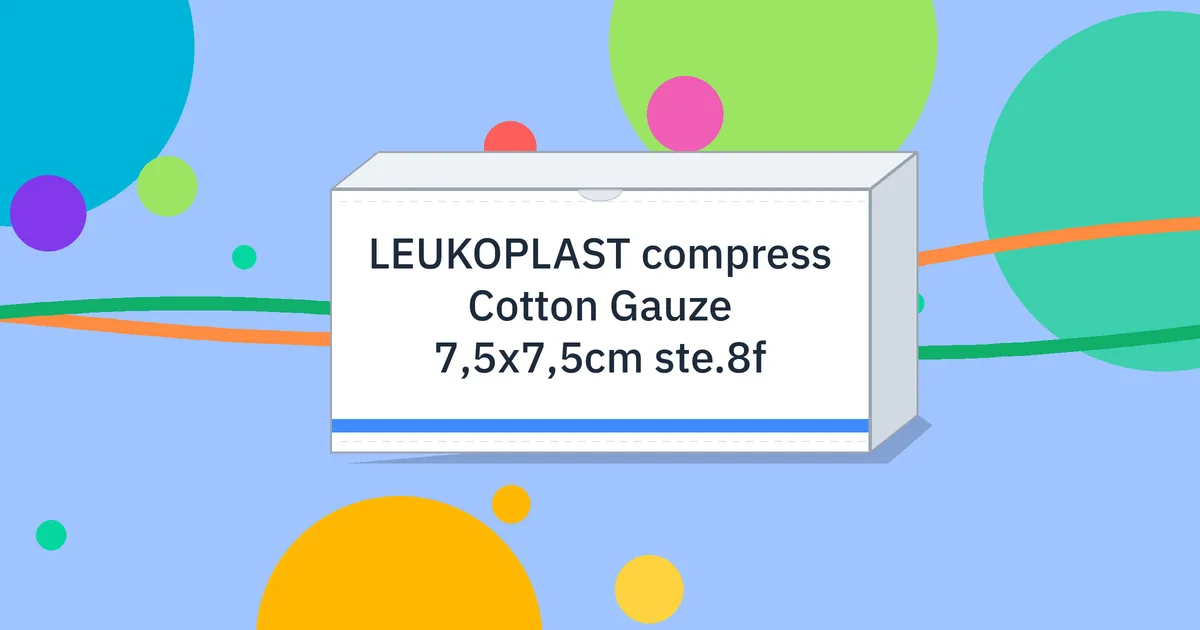 Symbolbild: Packung mit der Aufschrift LEUKOPLAST compress Cotton Gauze 7,5x7,5cm ste.8f (PZN 19064037) – Verfügbarkeit und Bezug in Apotheken in Frankfurt am Main