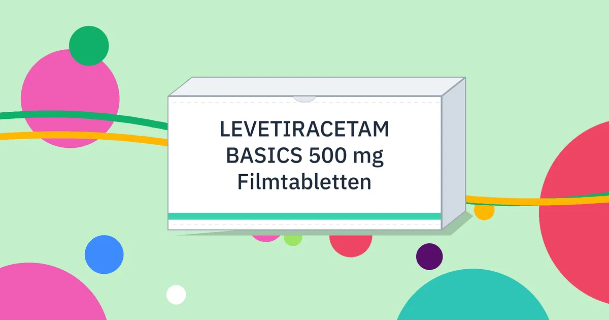 Symbolbild: Packung mit der Aufschrift LEVETIRACETAM BASICS 500 mg Filmtabletten (PZN 09482940) – Verfügbarkeit und Bezug in Apotheken in Frankfurt am Main