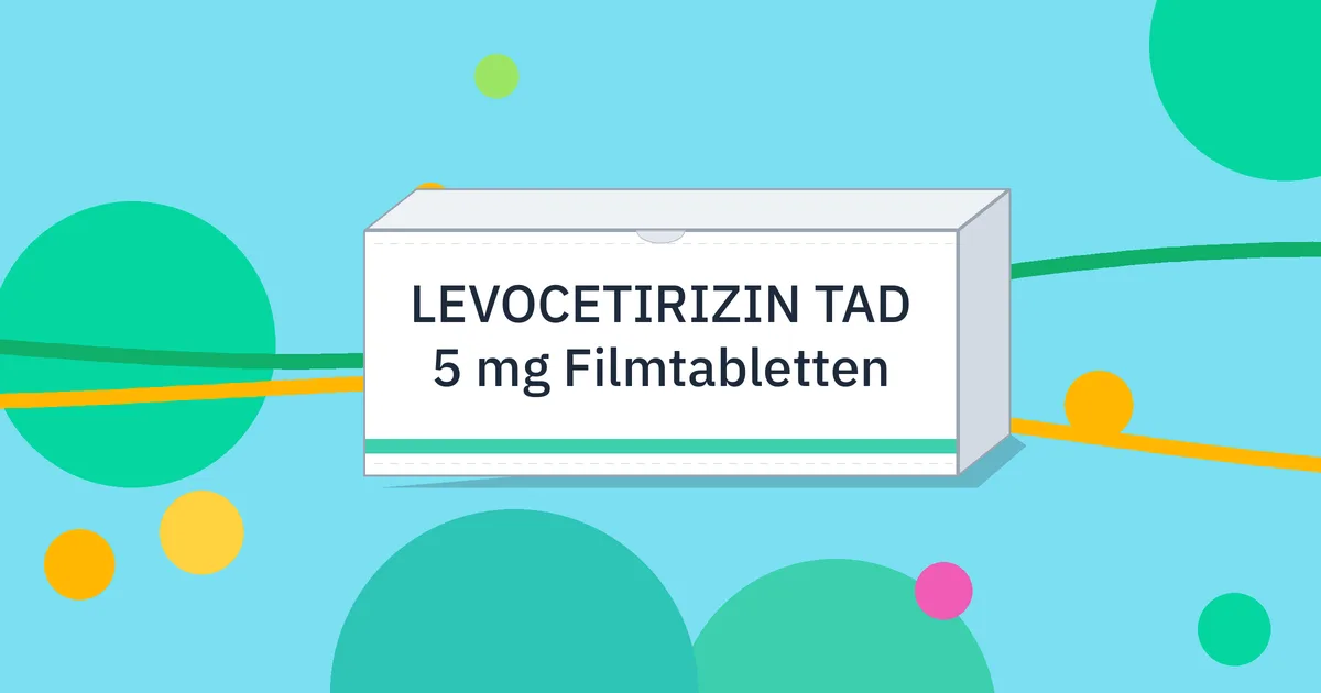 Symbolbild: Packung mit der Aufschrift LEVOCETIRIZIN TAD 5 mg Filmtabletten (PZN 09244896) – Verfügbarkeit und Bezug in Apotheken in Frankfurt am Main