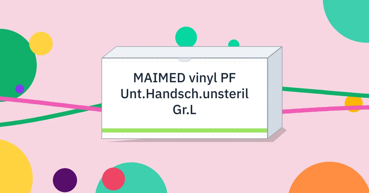 Symbolbild: Packung mit der Aufschrift MAIMED vinyl PF Unt.Handsch.unsteril Gr.L (PZN 00749198) – Verfügbarkeit und Bezug in Apotheken in Frankfurt am Main
