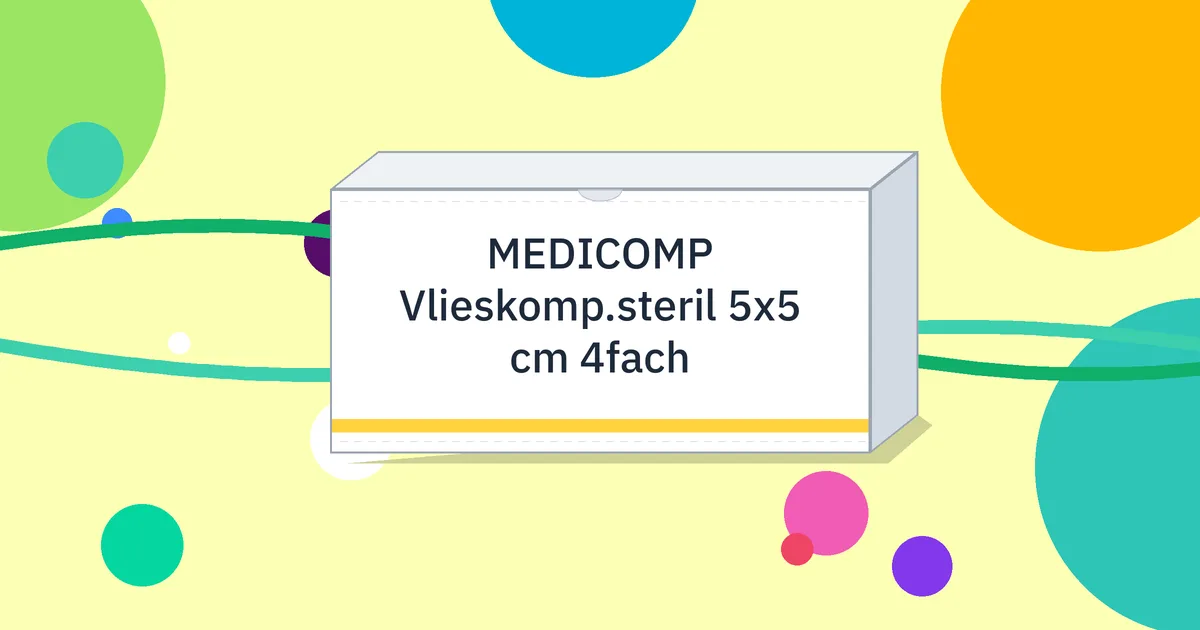 Symbolbild: Packung mit der Aufschrift MEDICOMP Vlieskomp.steril 5x5 cm 4fach (PZN 19761003) – Verfügbarkeit und Bezug in Apotheken in Frankfurt am Main