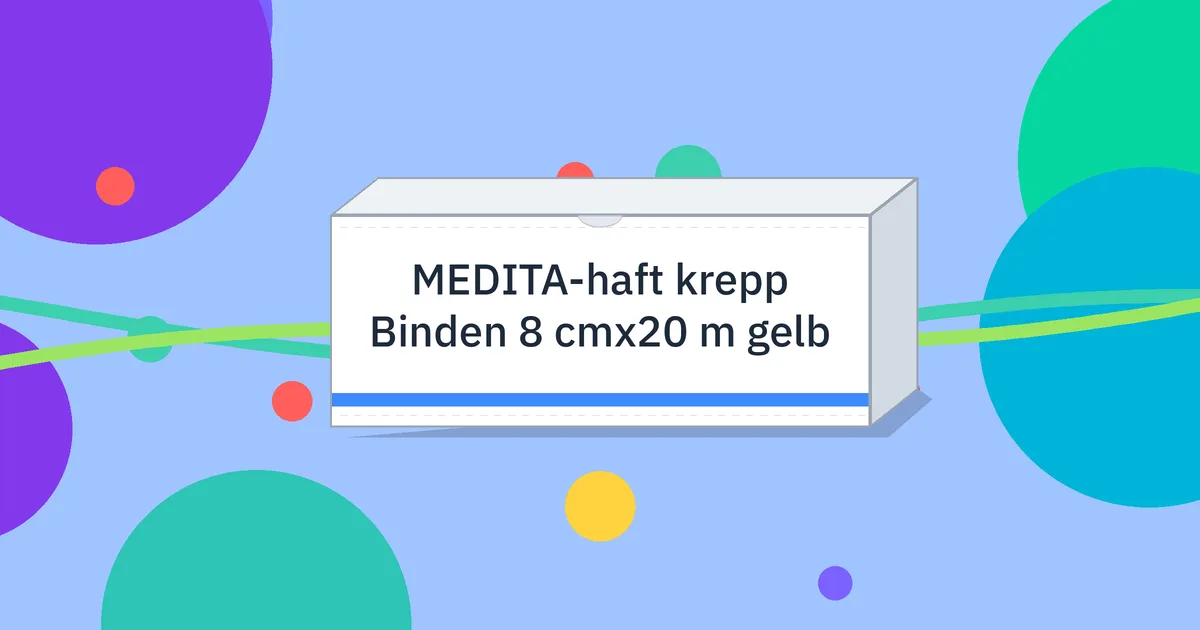 Symbolbild: Packung mit der Aufschrift MEDITA-haft krepp Binden 8 cmx20 m gelb (PZN 19452064) – Verfügbarkeit und Bezug in Apotheken in Frankfurt am Main