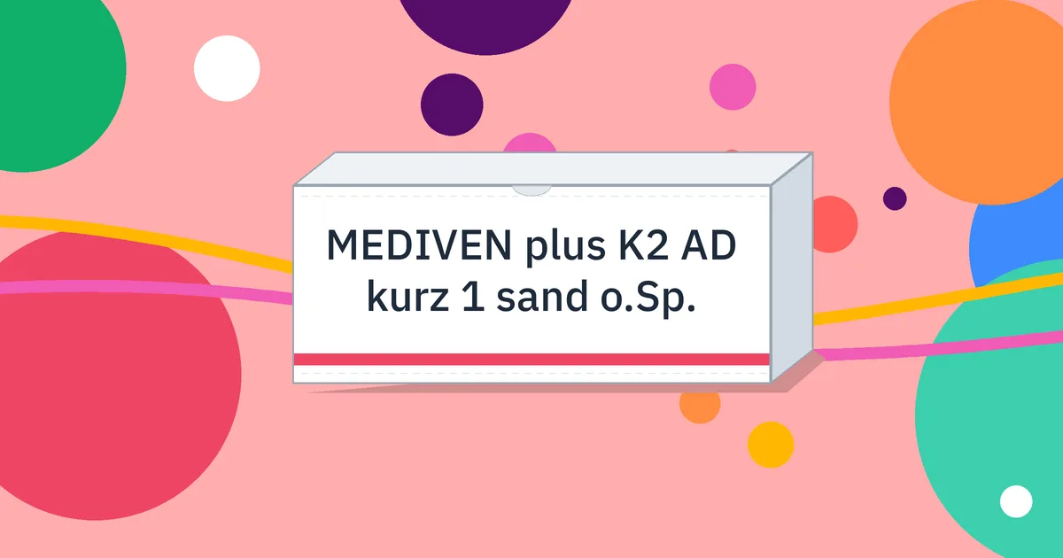 Symbolbild: Packung mit der Aufschrift MEDIVEN plus K2 AD kurz 1 sand o.Sp. (PZN 18946947) – Verfügbarkeit und Bezug in Apotheken in Frankfurt am Main