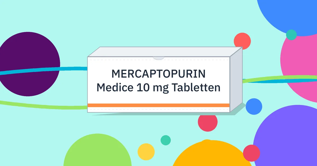 Symbolbild: Packung mit der Aufschrift MERCAPTOPURIN Medice 10 mg Tabletten (PZN 01234289) – Verfügbarkeit und Bezug in Apotheken in Frankfurt am Main