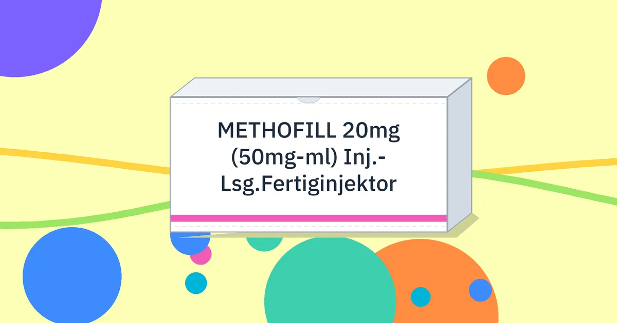 Symbolbild: Packung mit der Aufschrift METHOFILL 20mg (50mg-ml) Inj.-Lsg.Fertiginjektor (PZN 18660949) – Verfügbarkeit und Bezug in Apotheken in Frankfurt am Main