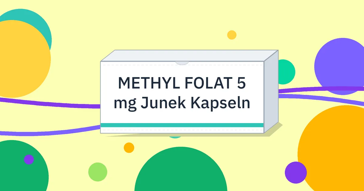 Symbolbild: Packung mit der Aufschrift METHYL FOLAT 5 mg Junek Kapseln (PZN 20051838) – Verfügbarkeit und Bezug in Apotheken in Frankfurt am Main