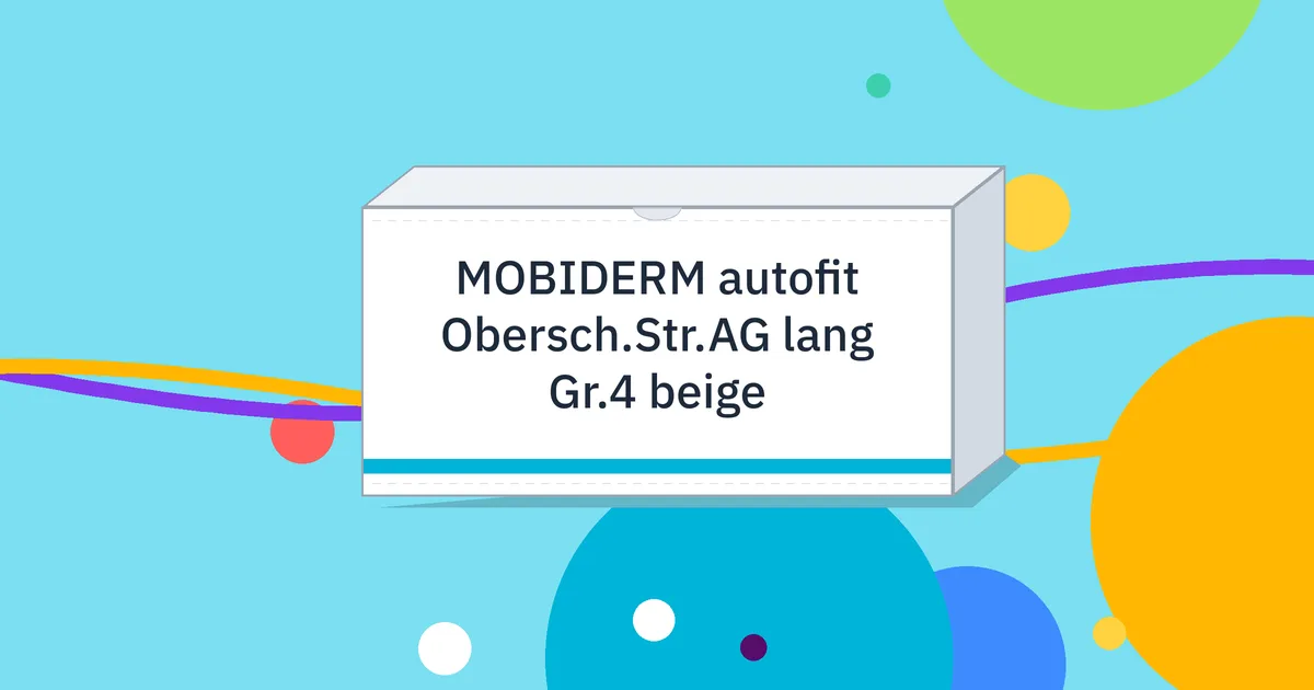 Symbolbild: Packung mit der Aufschrift MOBIDERM autofit Obersch.Str.AG lang Gr.4 beige (PZN 19742253) – Verfügbarkeit und Bezug in Apotheken in Frankfurt am Main