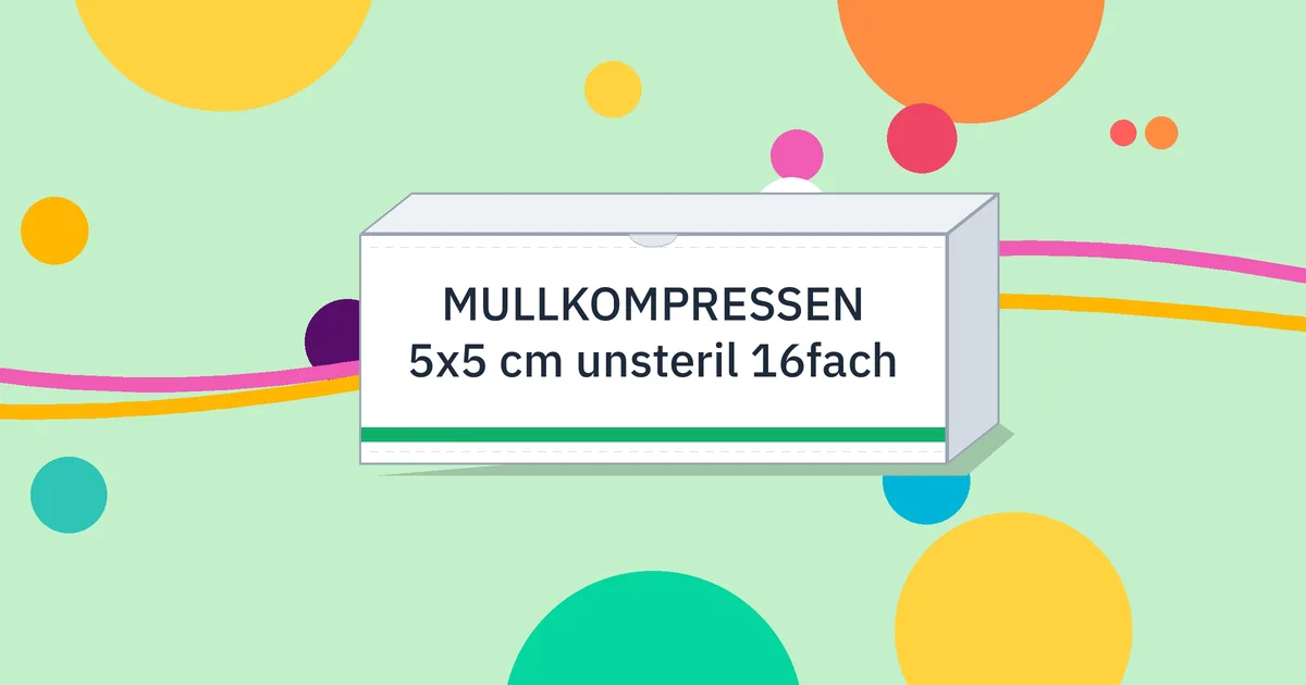 Symbolbild: Packung mit der Aufschrift MULLKOMPRESSEN 5x5 cm unsteril 16fach (PZN 08888781) – Verfügbarkeit und Bezug in Apotheken in Frankfurt am Main