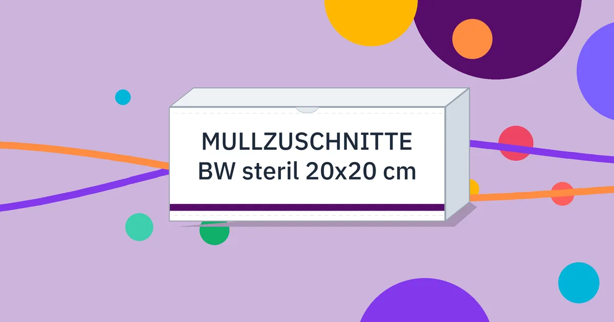 Symbolbild: Packung mit der Aufschrift MULLZUSCHNITTE BW steril 20x20 cm (PZN 04050354) – Verfügbarkeit und Bezug in Apotheken in Frankfurt am Main