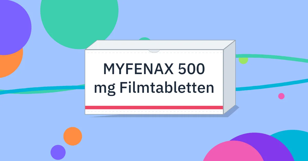 Symbolbild: Packung mit der Aufschrift MYFENAX 500 mg Filmtabletten (PZN 20158157) – Verfügbarkeit und Bezug in Apotheken in Frankfurt am Main