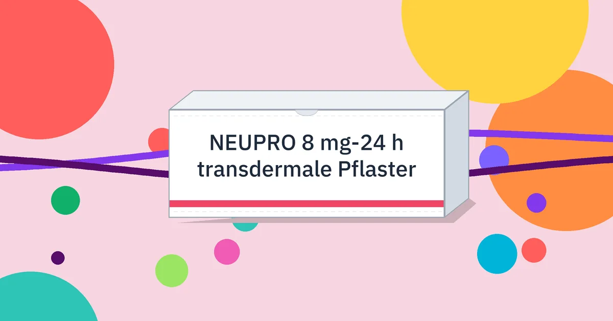 Symbolbild: Packung mit der Aufschrift NEUPRO 8 mg-24 h transdermale Pflaster (PZN 10095042) – Verfügbarkeit und Bezug in Apotheken in Frankfurt am Main