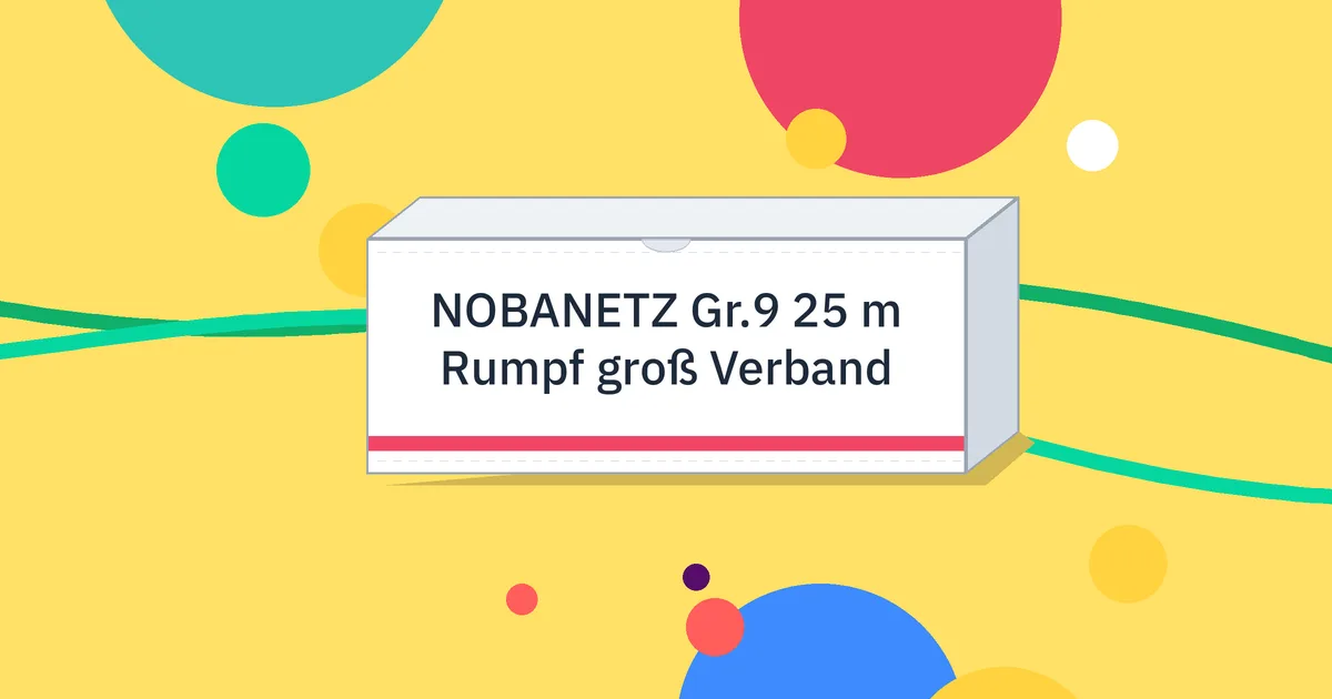 Symbolbild: Packung mit der Aufschrift NOBANETZ Gr.9 25 m Rumpf groß Verband (PZN 00031727) – Verfügbarkeit und Bezug in Apotheken in Frankfurt am Main
