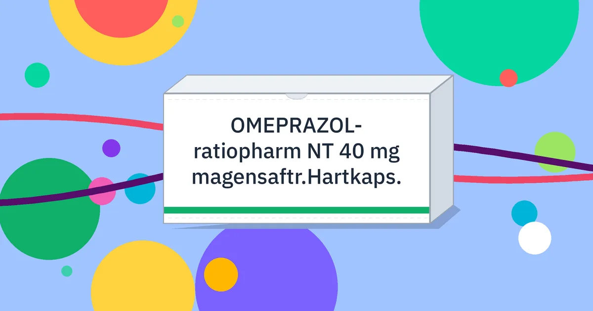 Symbolbild: Packung mit der Aufschrift OMEPRAZOL-ratiopharm NT 40 mg magensaftr.Hartkaps. (PZN 02559958) – Verfügbarkeit und Bezug in Apotheken in Frankfurt am Main