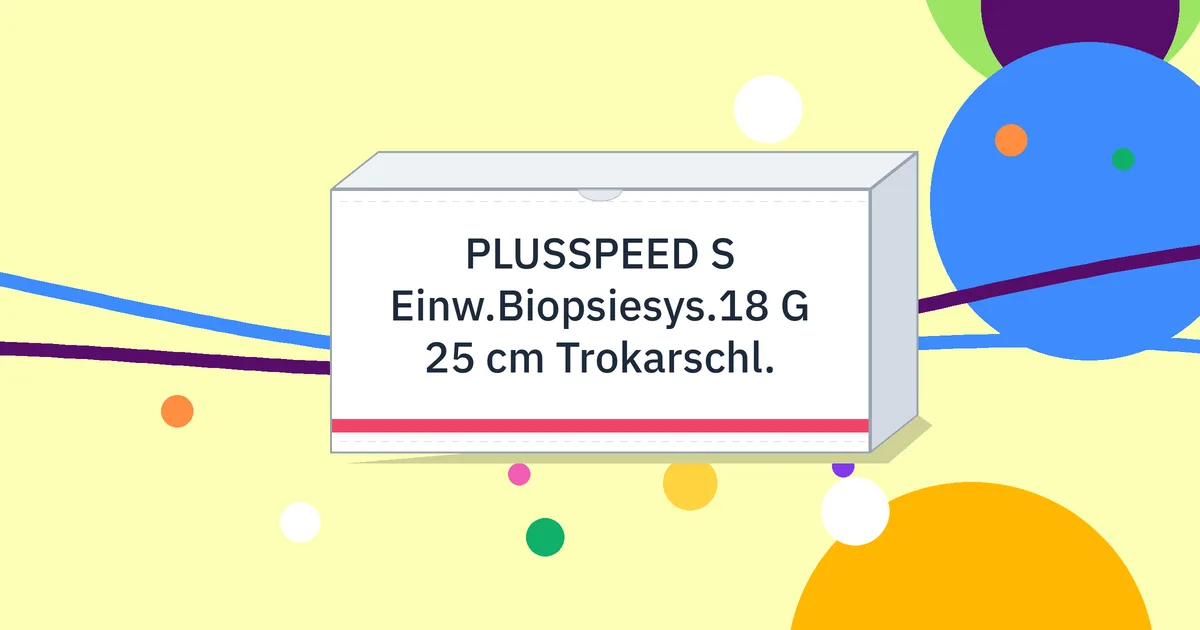 Symbolbild: Packung mit der Aufschrift PLUSSPEED S Einw.Biopsiesys.18 G 25 cm Trokarschl. (PZN 14258386) – Verfügbarkeit und Bezug in Apotheken in Frankfurt am Main